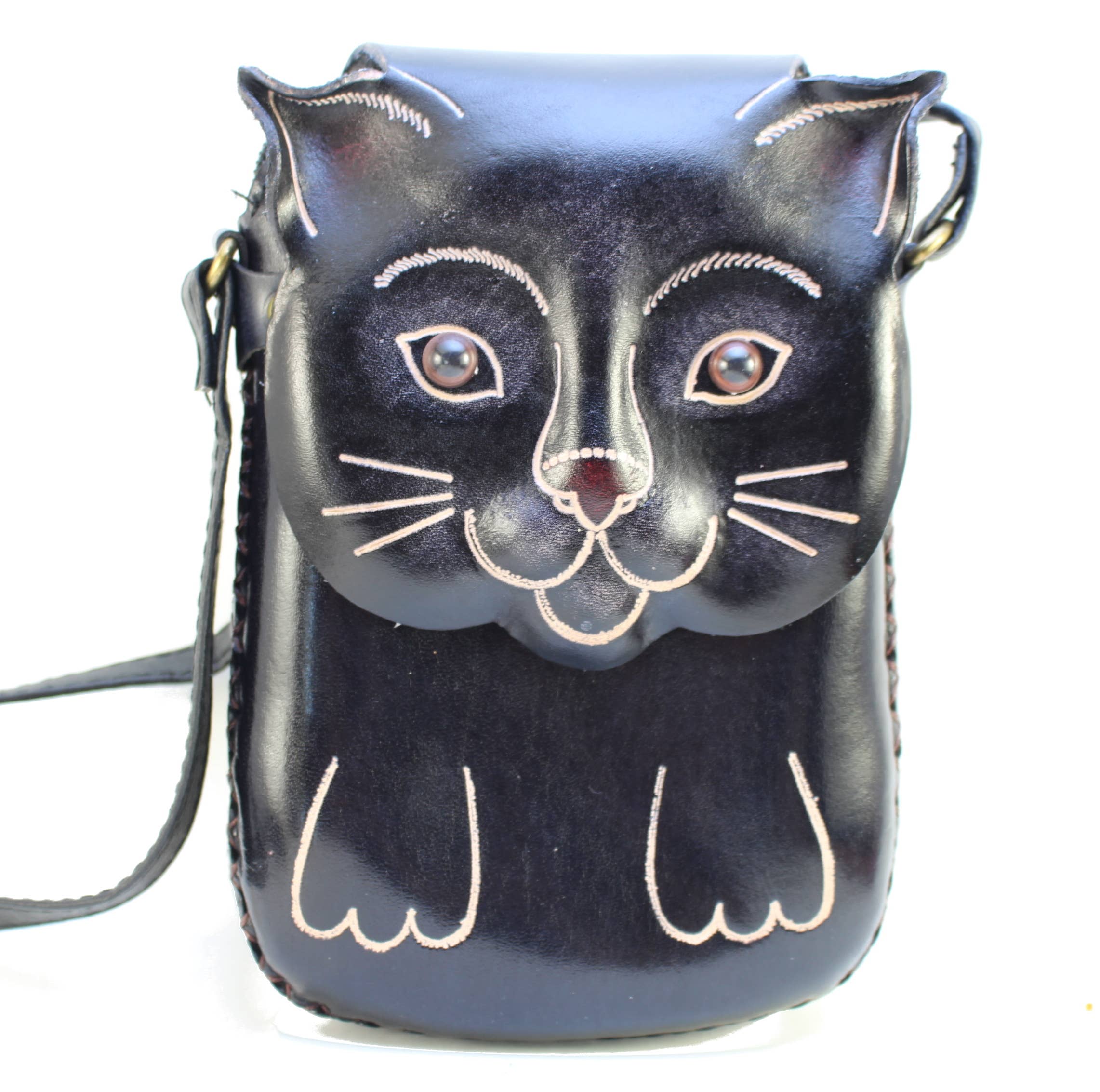 Handmade Leather Black cat Rectangle Pouch pourse handbag crossbody ...